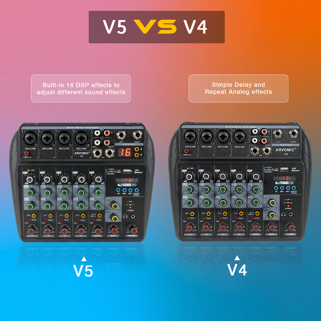 6- Channel Audio Mixer (V4/V5) with USB & Bluetooth Function Delay ...