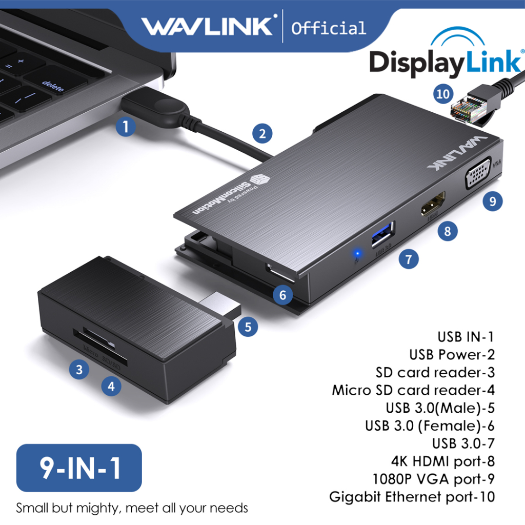 Wavlink USB3.0 Mini Dock 9-in-1 Portable Laptop Dock Multiport Adapter ...