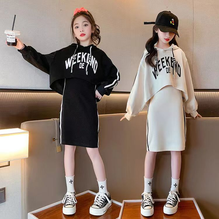 【Ready stock】3-15Y Early Autumn Girls Dress Suit Western Style Hooded ...