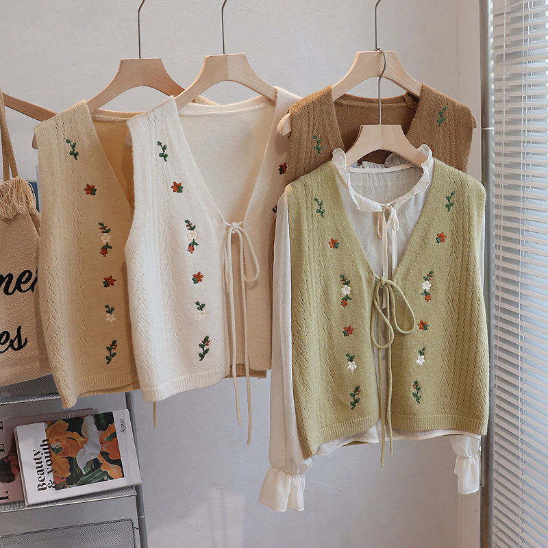 Embroidery Flower Korean Style Women Knitted Sleeveless Loose V-neck ...