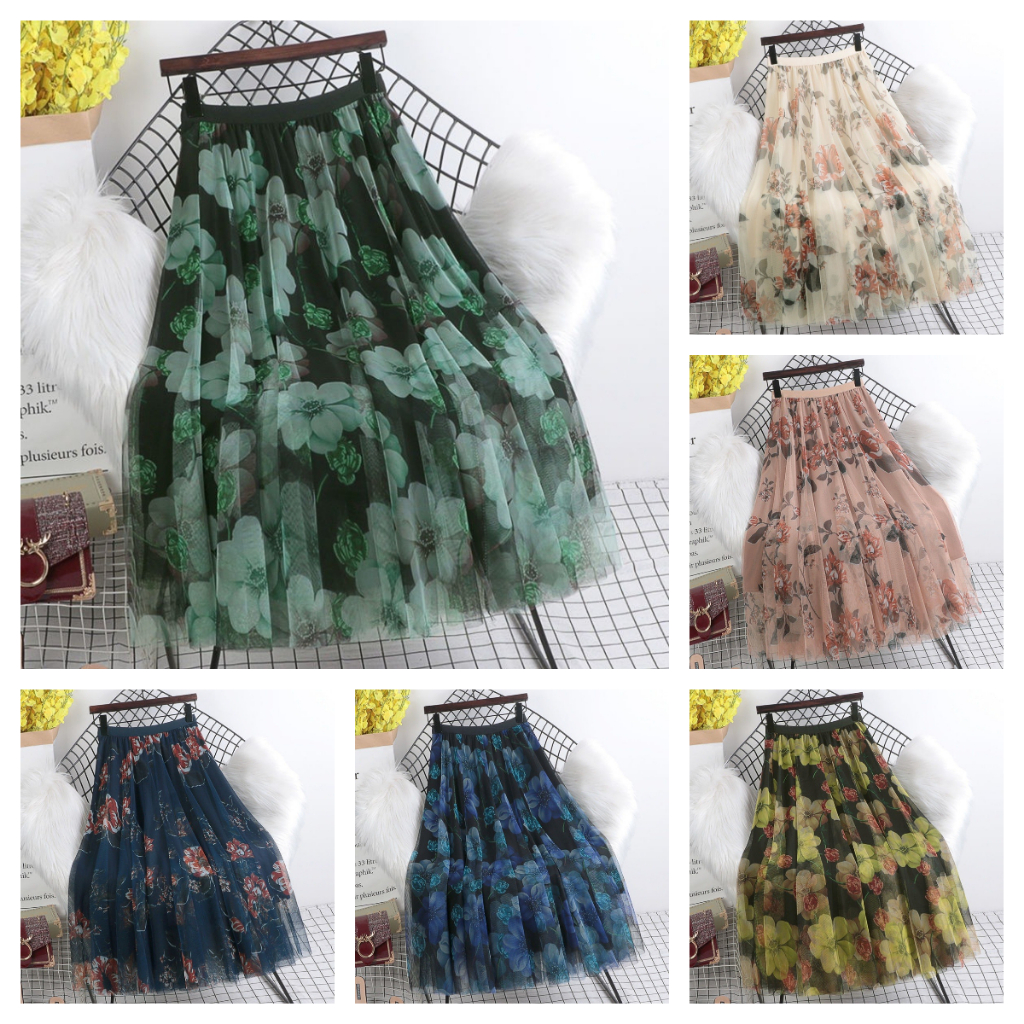 qiqi Pleated Floral Mesh Tutu Skirt Labuh Kembang Kain Skirt Long Skirt ...