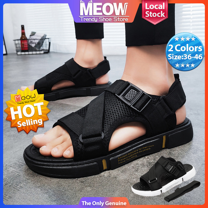 MEOW Men Sandal Selipar Lelaki Viral Black Bertali Sandals | Shopee ...