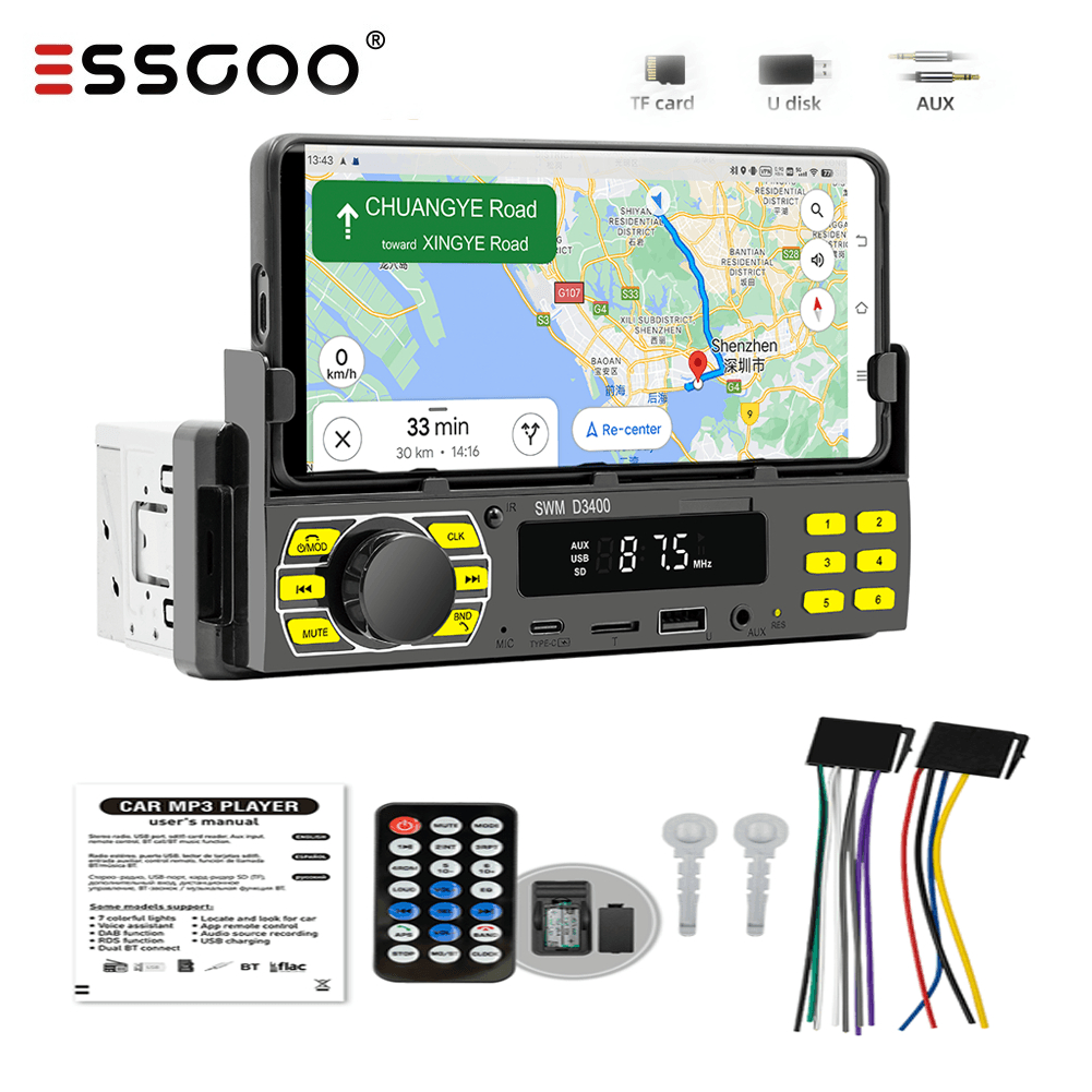 ESSGOO 1 Din Car Radio with Cell Phone Holder Bluetooth MP3 Car Player radio kereta Subwoofer ...