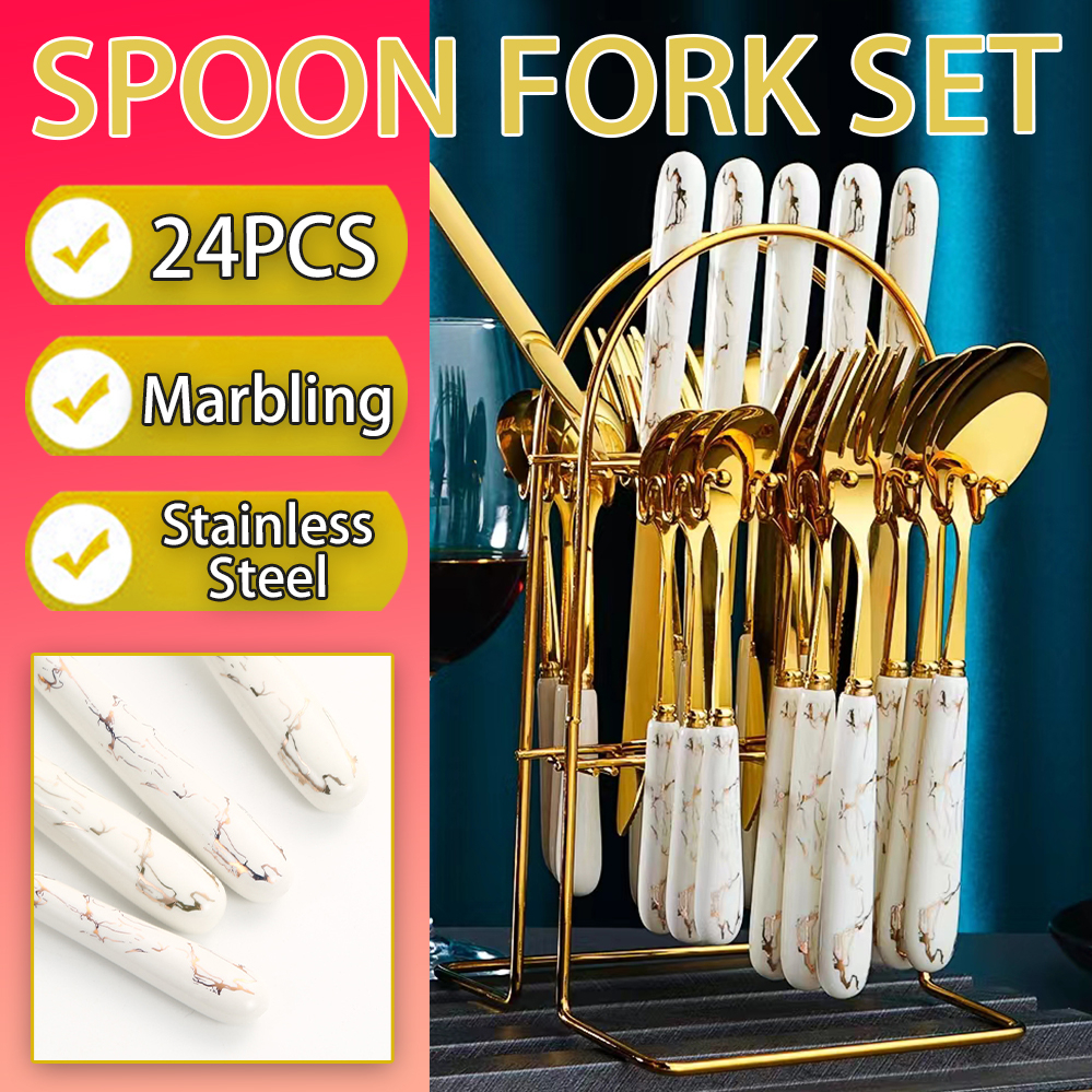 24pcs Spoon Fork Set Stainless Steel Tableware Set Knife Fork Spoon Set ...