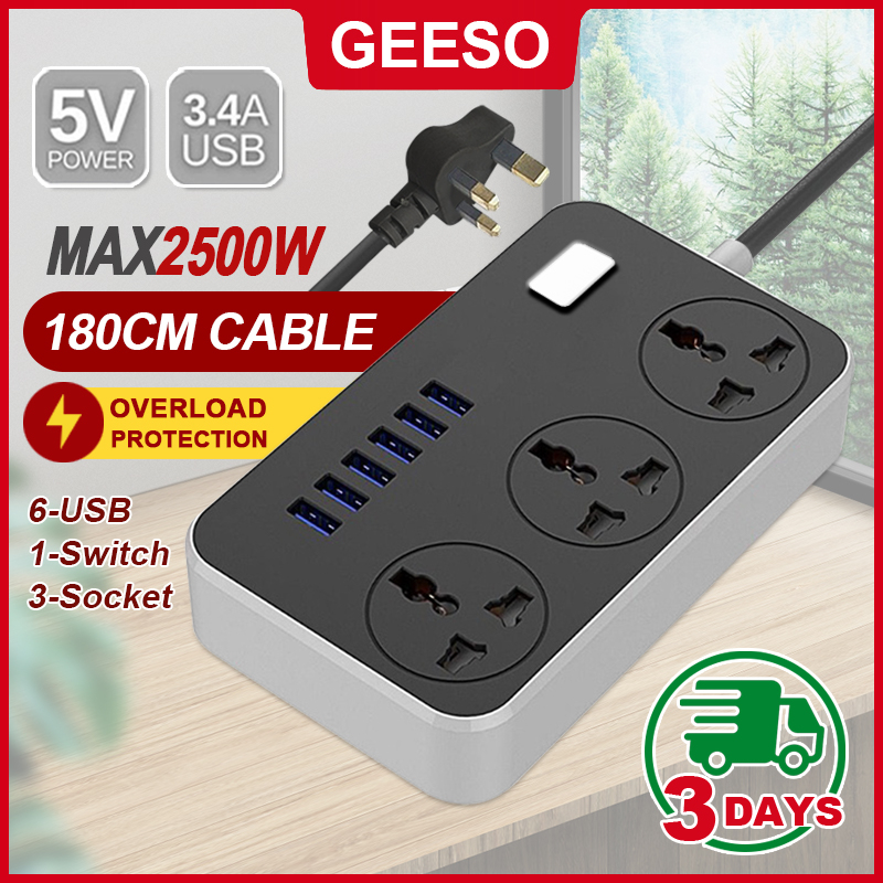 GEESO 6 USB Port 3 Universal Power Strip Extension Plug Power Socket ...