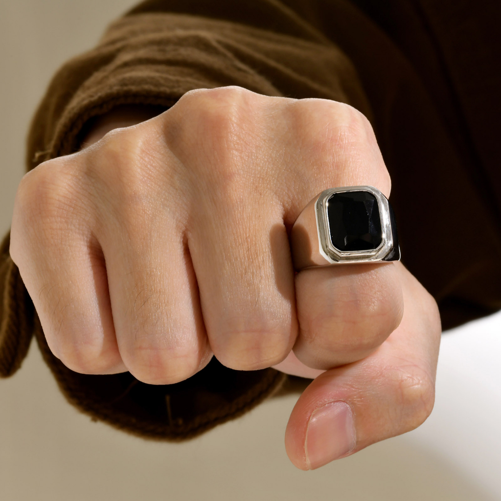 MG Stylish Square Black Stone Rings For Men, Stainless Steel Geometric ...