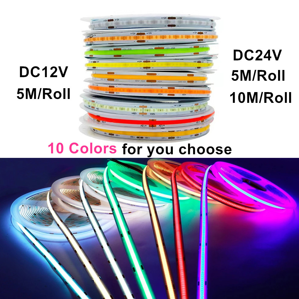 10m/roll COB LED Light Strip DC12V 24V Flexible LED Tape Lampu Raya ...
