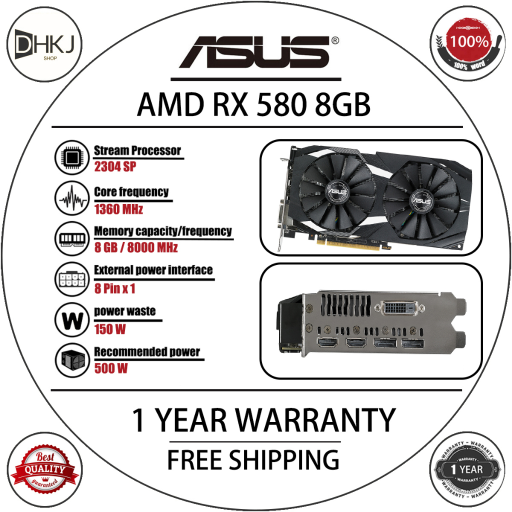 USED ASUS RX 580 8GB 2304SP Graphics Cards GDDR5 256bit Gaming Video ...