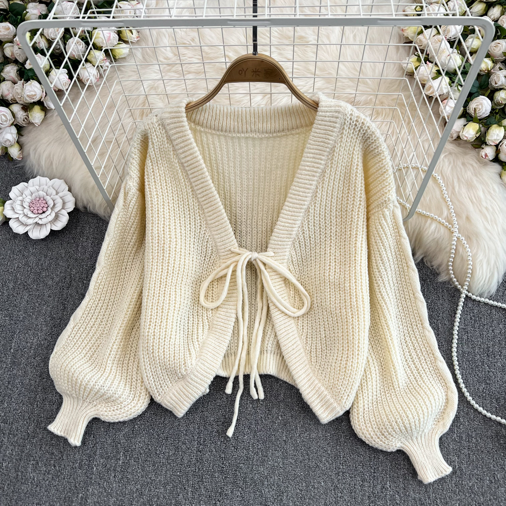XIAOZHAINV Korean Fashion V Neck Bat Sleeve Lace Up Knitted Cardigan ...