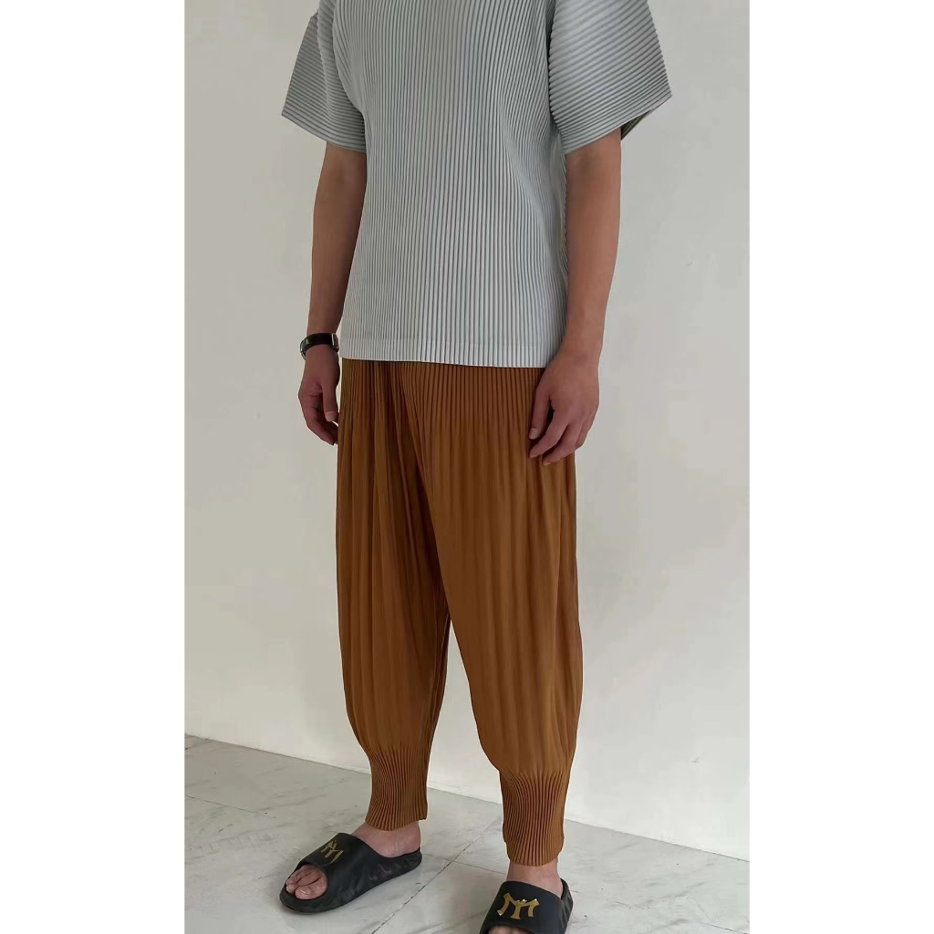 Miyake Pleated Men's Loose Small Legs Elastic Waist Casual Bloomers Men ...