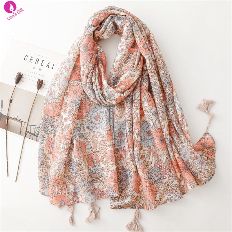 Muslim fashion 2023 flowy cotton shawl lurex floral printed wide shawl ...