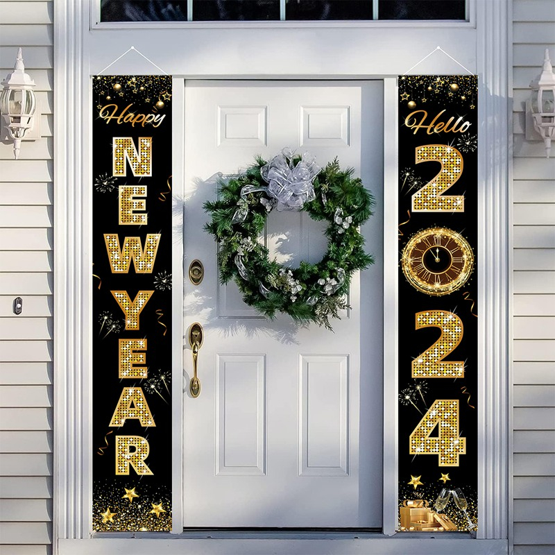 30*180CM Happy New Year 2024 Door Curtain Black Gold Fireworks Clock ...