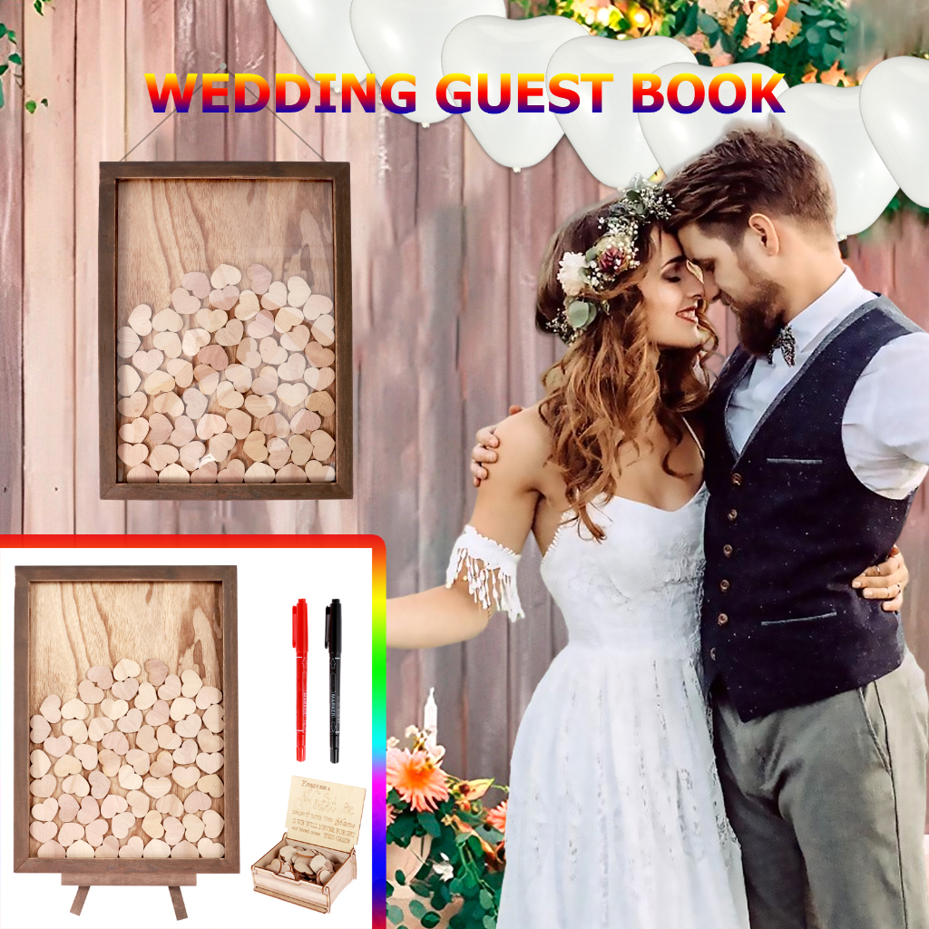 Wedding Guest Book Wooden Guest Sign in Book with 100pcs Hearts Shape ...