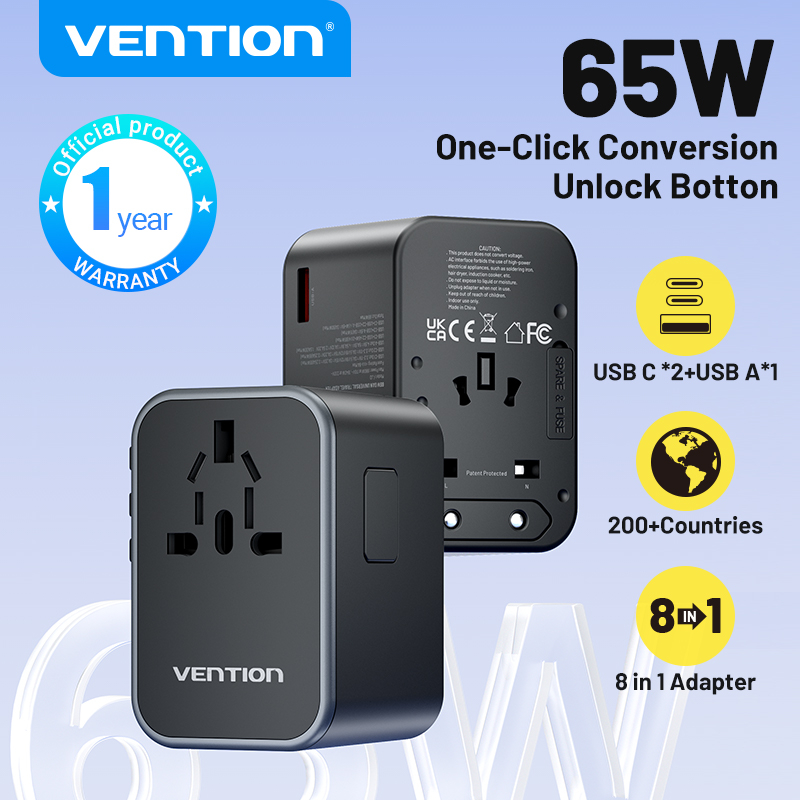 Vention 65W GaN Global Universal Travel Adapter International Charger ...
