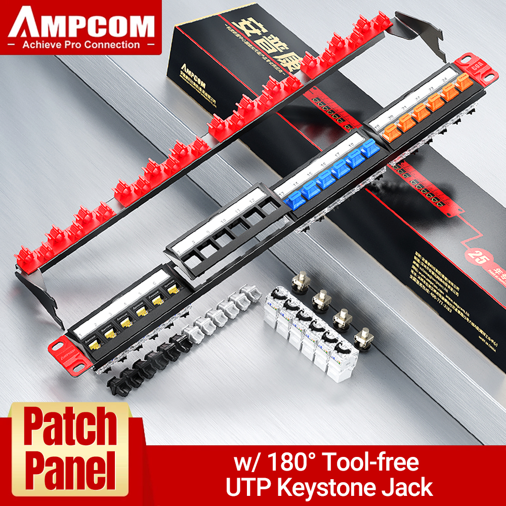AMPCOM 1U/0.5U 24-Port Rack-Mounted Patch Panel with Detachable CAT6/CAT6A Keystone Jack ...