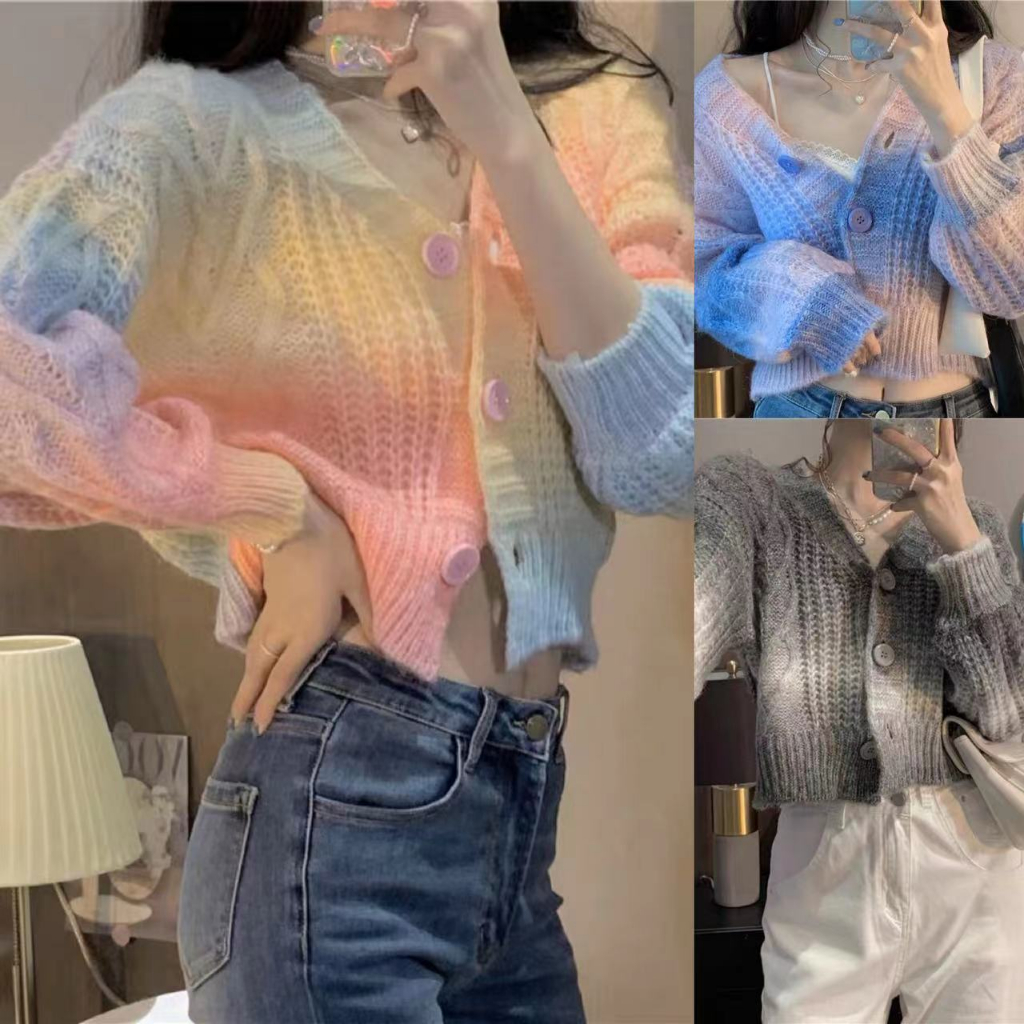 ready stock rainbow sweater gradient Exposed Navel cardigan Korean ...