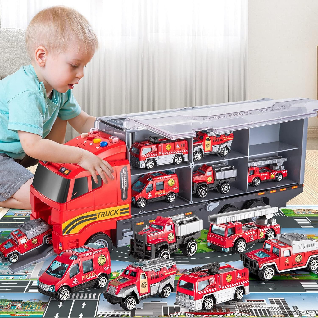 TEMI Die-cast Emergency Fire Rescue Vehicle Double Side Transport Car ...