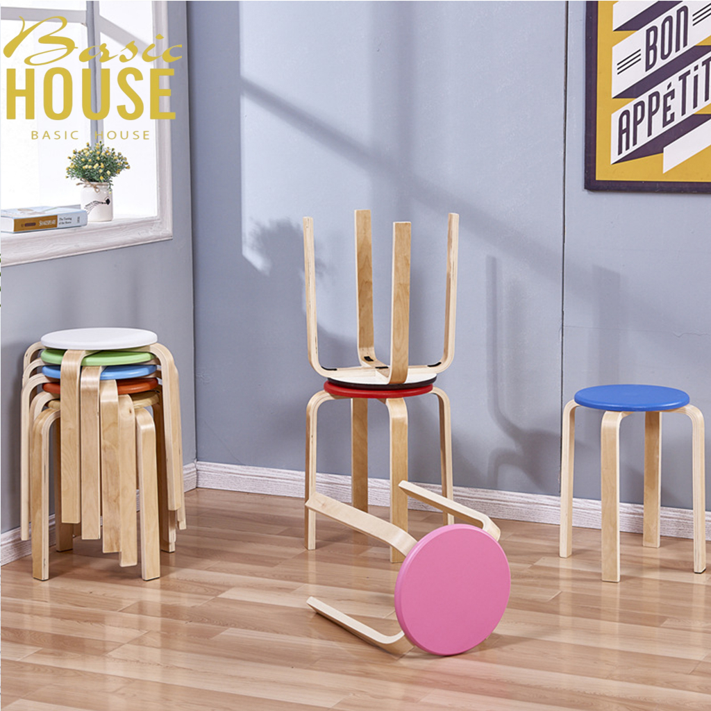 BASIC HOUSE Modern Dining Round Backless Chair Bentwood Stools ...