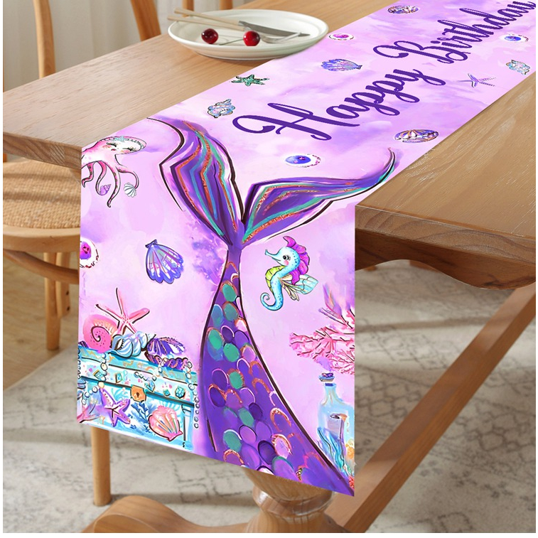 Little Mermaid Theme Table Runner Purple Mermaid Table Cloth Happy ...