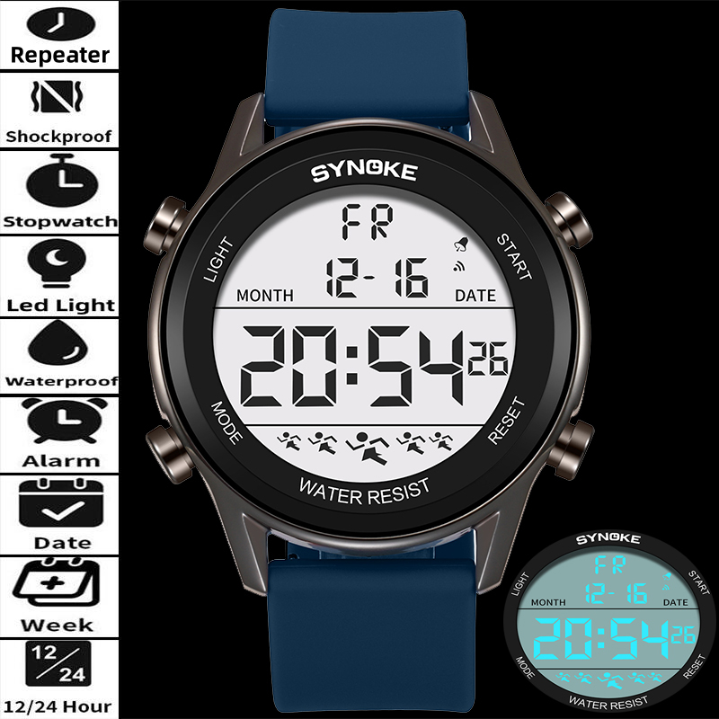 Synoke Men's Digital Watch with Repeater Fashion Silicone Strap Led ...