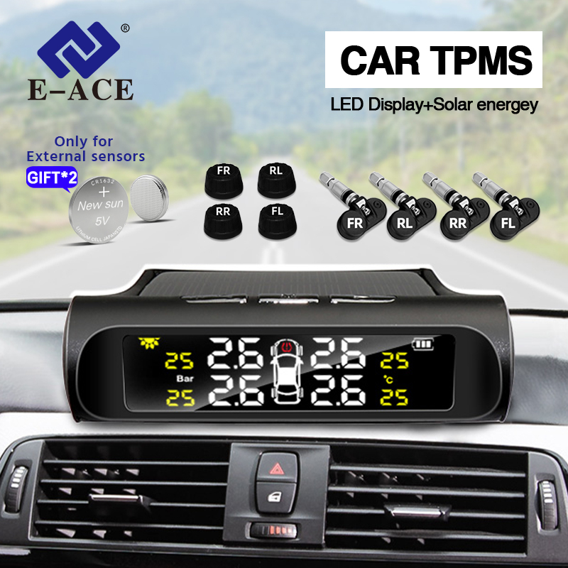 E-ACE Solar Power TPMS Car Tire Pressure Alarm Monitor System Auto Security Alarm Systems Tyre ...