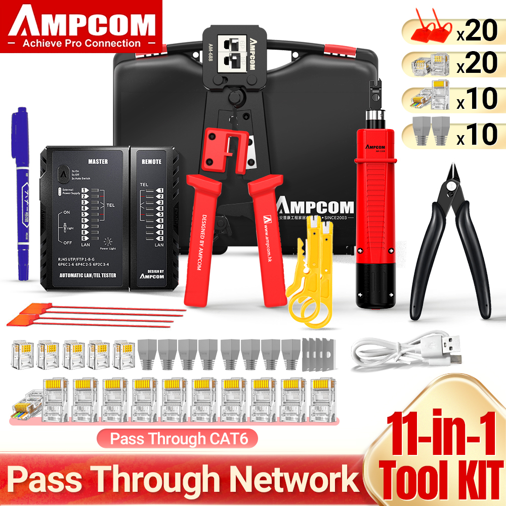 AMPCOM Pass Through RJ45 Crimper Tool, Lan Tester Tools Kit Sets ...