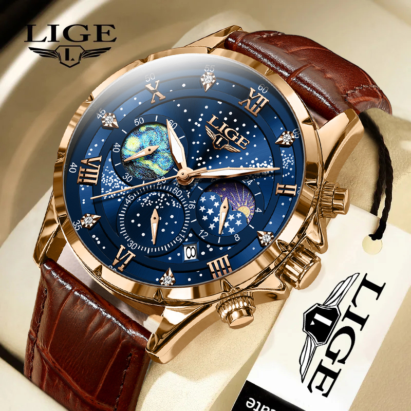 LIGE Original Men's Waterproof Analog Quartz Leather Strap Sport Watch ...