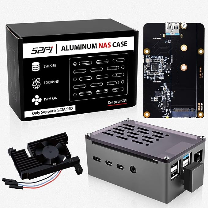 52Pi Raspberry Pi 4 Aluminum NAS Case with PWM Fan and M.2 SATA SSD ...