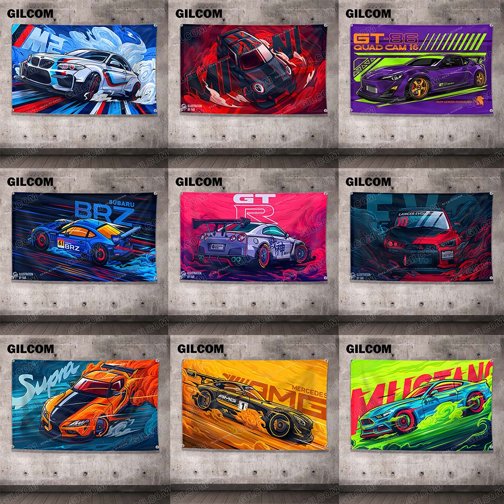 Cartoon Racing Poster Flag Subaru BRZ Lancer Evolution Supra Mercedes ...