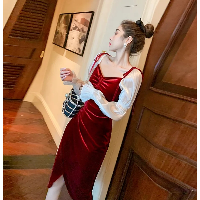 new slim temperament goddess Fan Mingyuan stitching long evening dress ...
