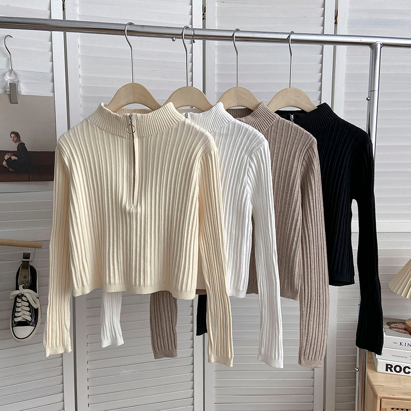 Xiaozhainv Korean Fashion Zipper Vertical Texture Long Sleeve Knitted