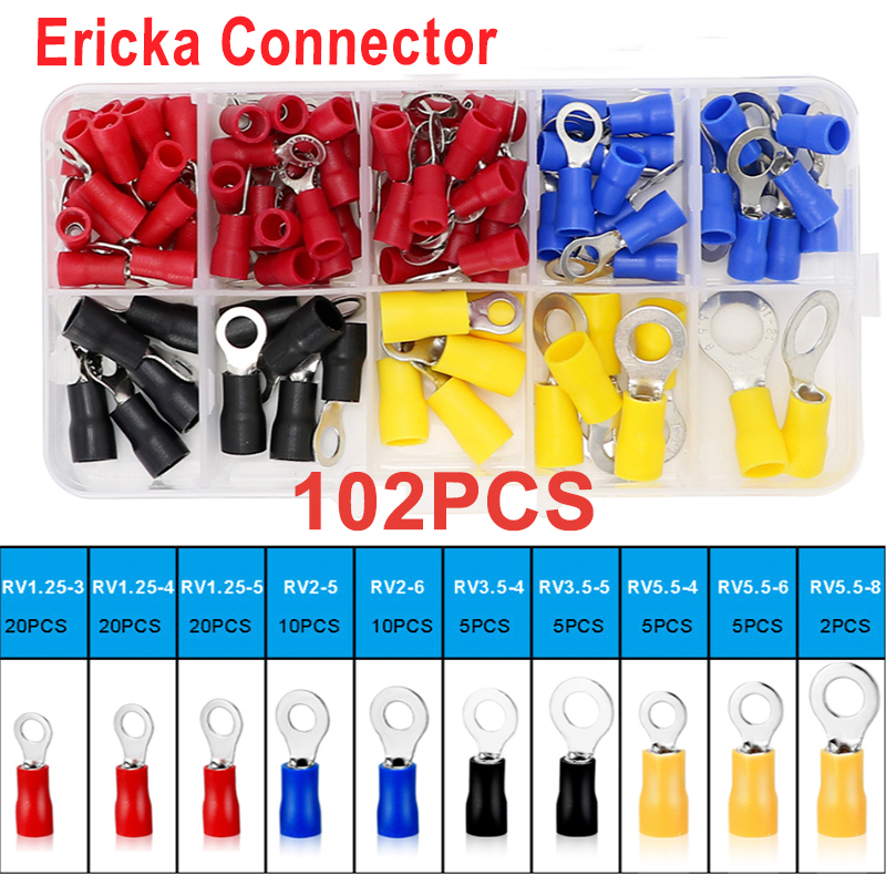 102PCS Insulated Cable Electrical Connector Wire Crimp Spade Butt Ring Fork Set Ring Lugs Rolled ...