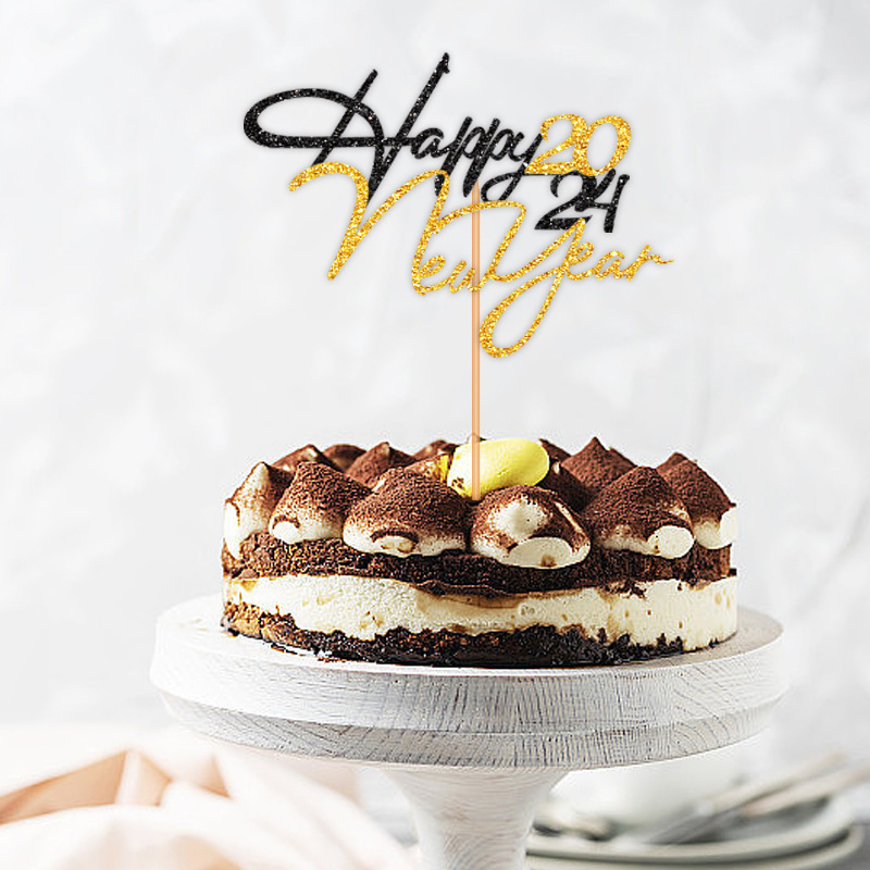 Happy New Year 2024 Cake Topper, Gold Black Glitter Paper Cake Topper ...