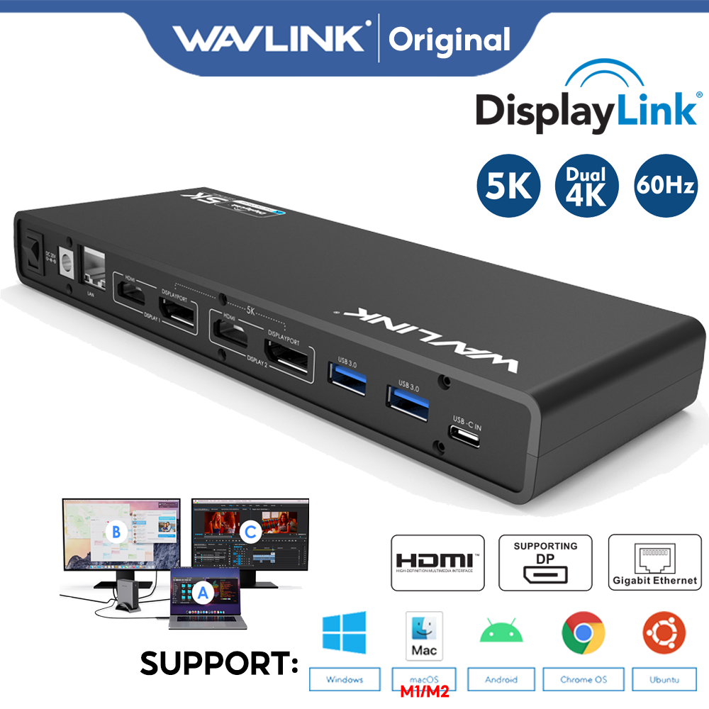 Wavlink Universal Docking DisplayLink Hub 5K dual 4K HDMI Display Port Output Monitors Station ...
