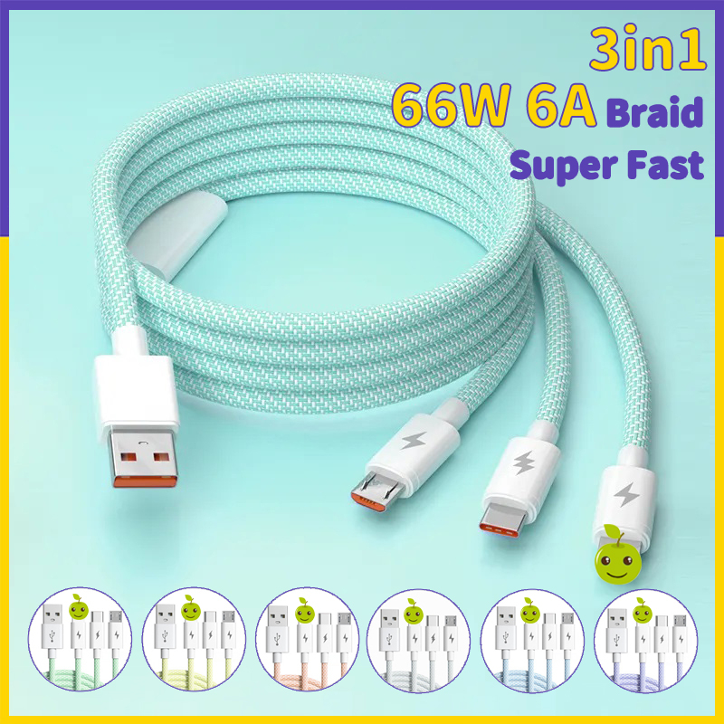 【Fast Ship】3 in 1 66W Macarone Braided Data Cable 6A Super Fast ...
