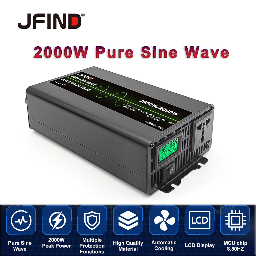 Jfind 2000W 12V 220V 50HZ LCD Pure Sine Wave Power Bank Current Supply Inverter DC to AC Voltage ...