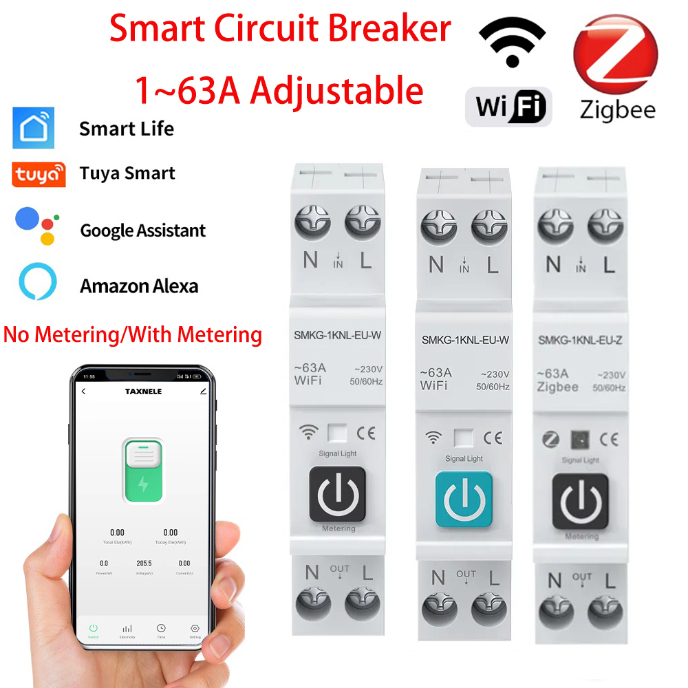 AC 90-300V TUYA WIFI Smart Circuit Breaker 1P 63A Power Metering Energy ...