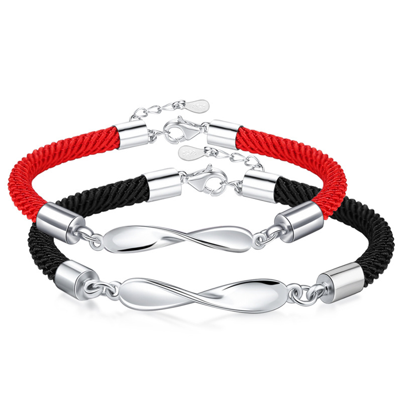 Metal Mobius Strip Adjustable Black Red Braided Rope Couple Bracelet A ...