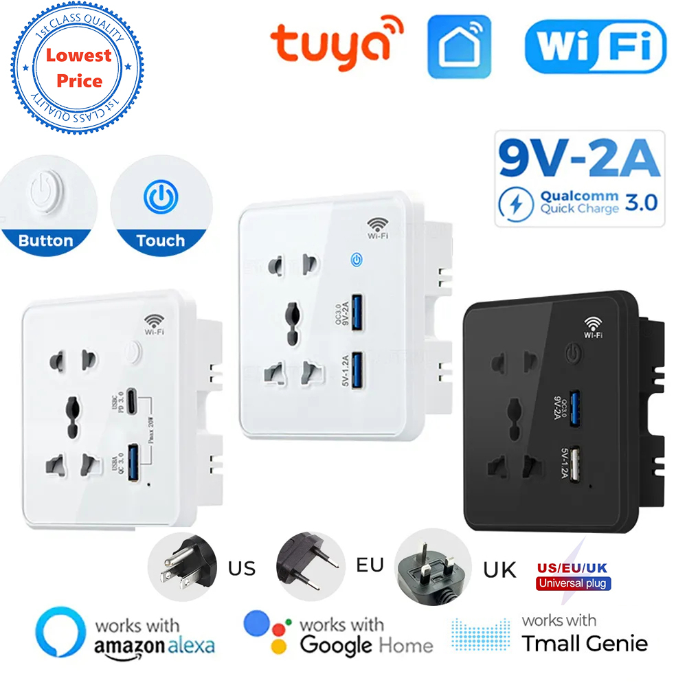 Tuya Wifi Wall Smart Socket UK Plug Tempered Glass Quick Fast Charger 3 ...