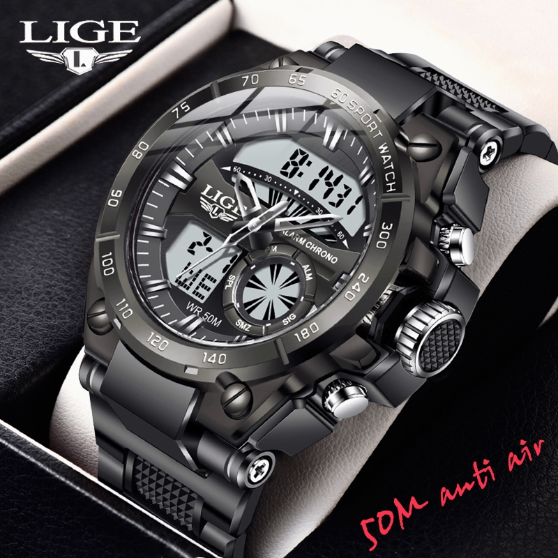 LIGE LED Dual Display Waterproof Quartz Sport Fashion Watch For Men ...
