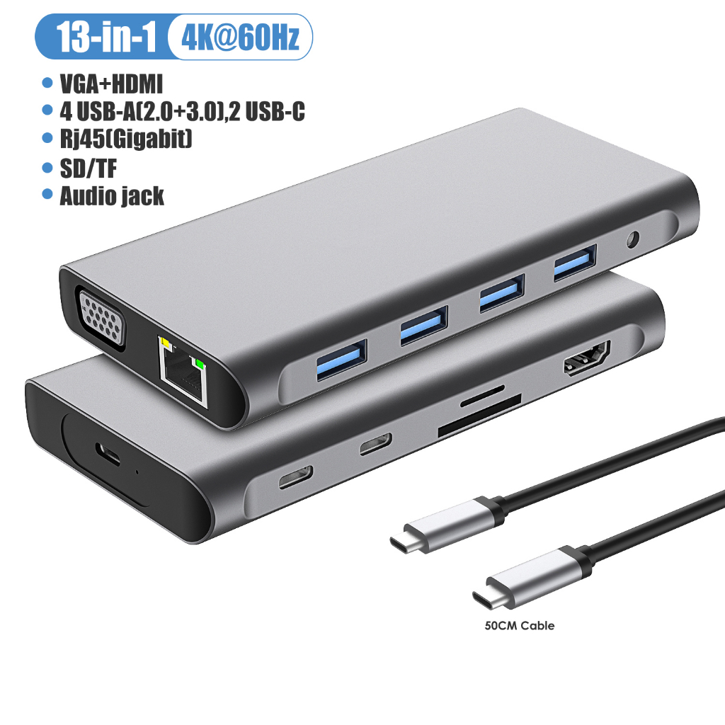 13-Port USB Type C Hub for Dual Monitor Display 4K HDMI VGA Rj45 Audio ...