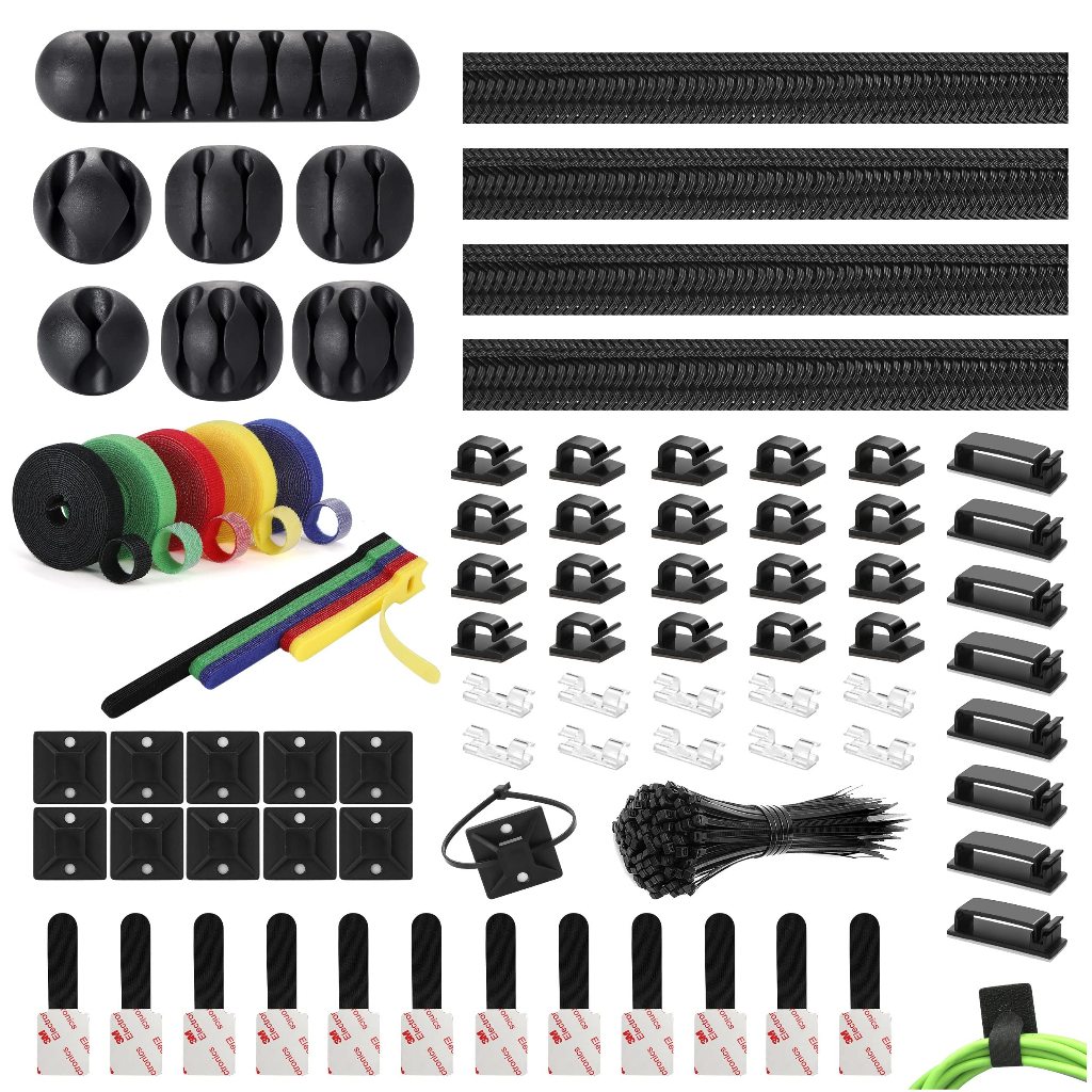 204pcs Cord Management Organizer Kit ,include 4 Cable Sleeve Split with 45 Self Adhesive Cable ...