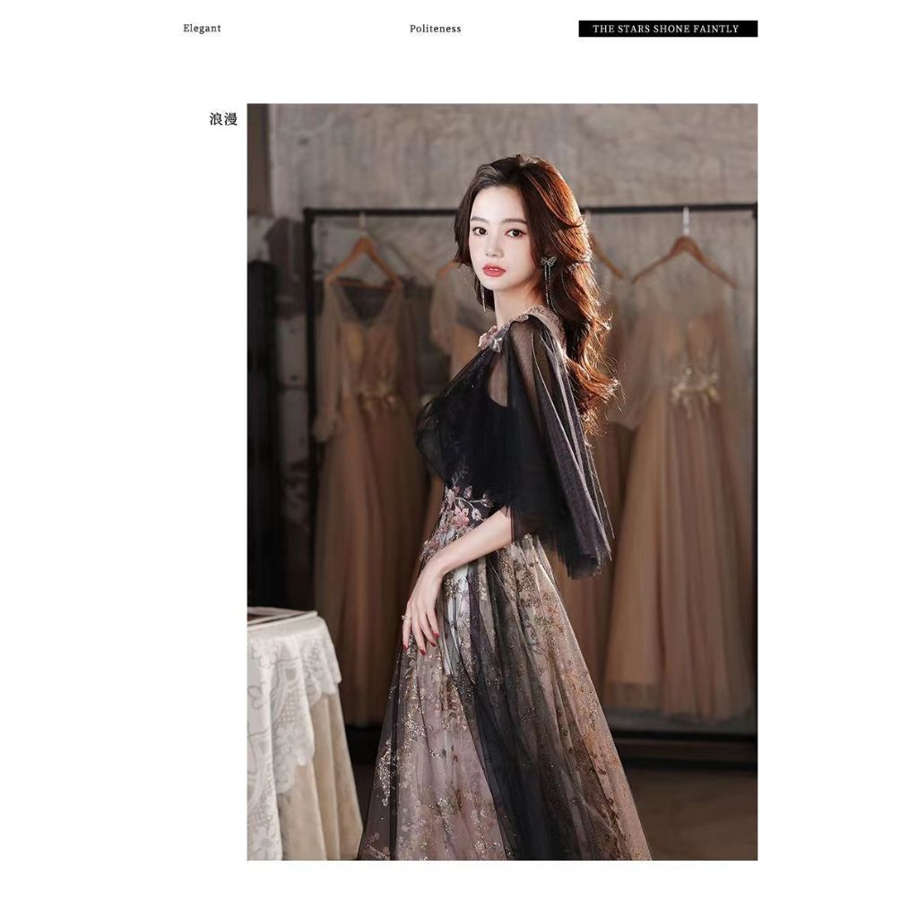 DINNER DRESS Embroidered Floral Lace Patchwork Women's High End Black ...