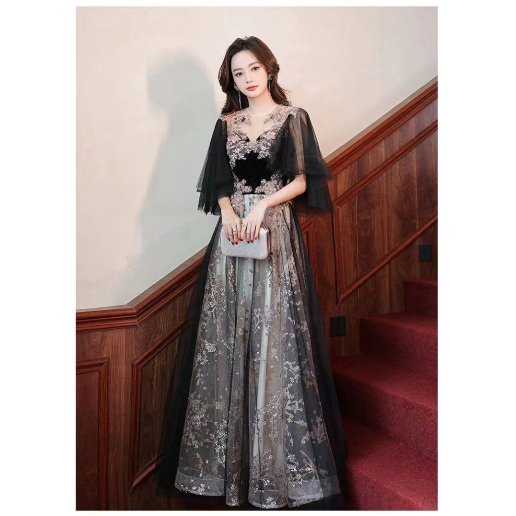 DINNER DRESS Embroidered Floral Lace Patchwork Women's High End Black ...