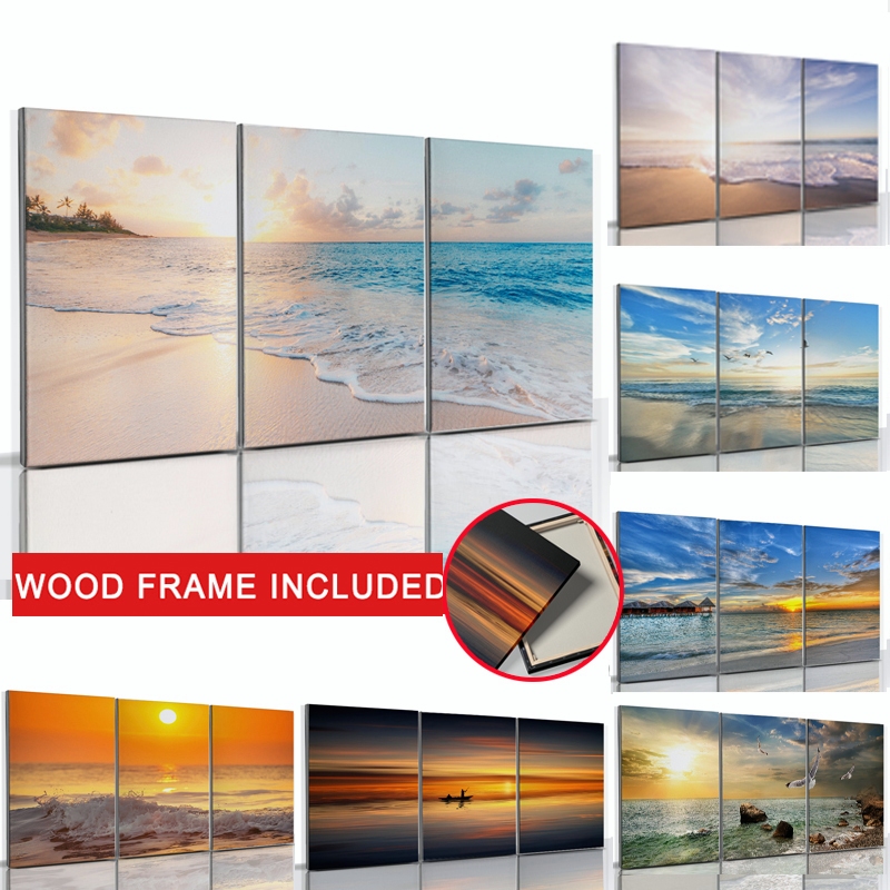 （With Frame）3PCS Seaside Scenery Poster Sunset Sunrise Canvas Painting ...