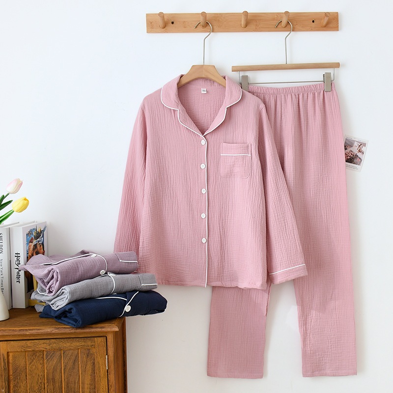 [Ready Stock]Women & Men 100% Cotton Crepe Long Sleeve Trouses Pajamas ...