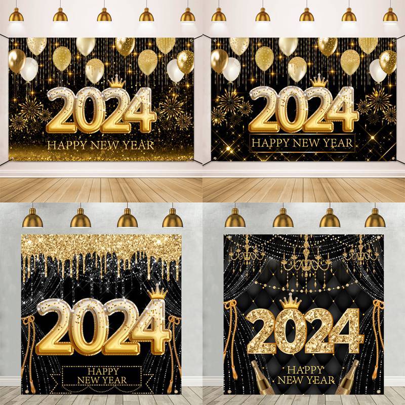 Black Gold Happy New Year Banner New Year 2024 Decorations for Home ...