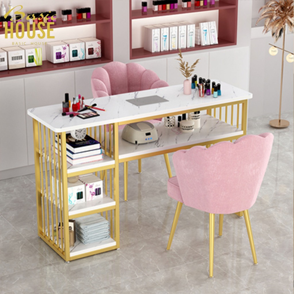 BASIC HOUSE 120cm Double Single Modern Marble Wood Nail Tables Manicure ...