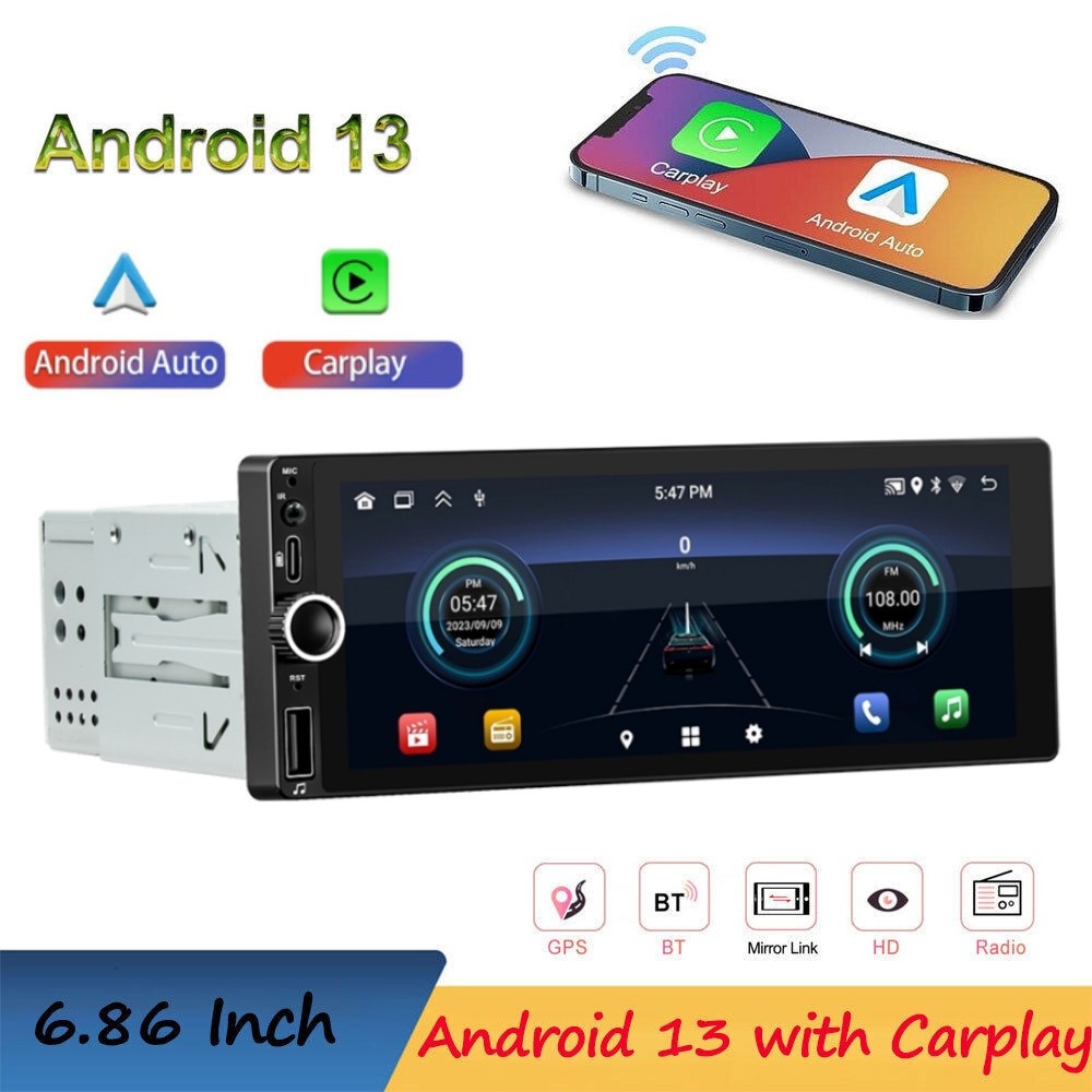 1 Din Android Car Radio Wireless CarPlay Android-Auto Wifi Bluetooth ...