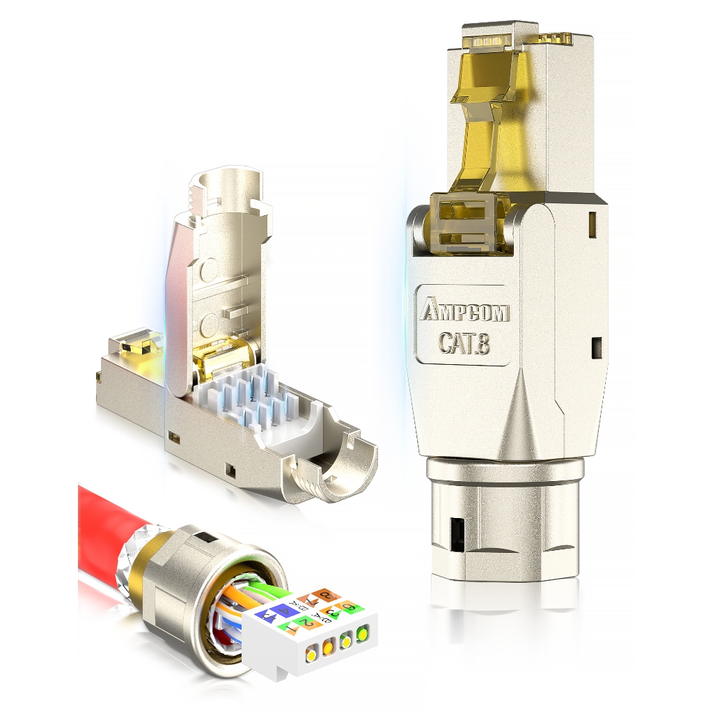 AMPCOM Toolless RJ45 Connector, CAT8/CAT7/CAT6A Tool Free Reusable Termination Plugs Shielded ...